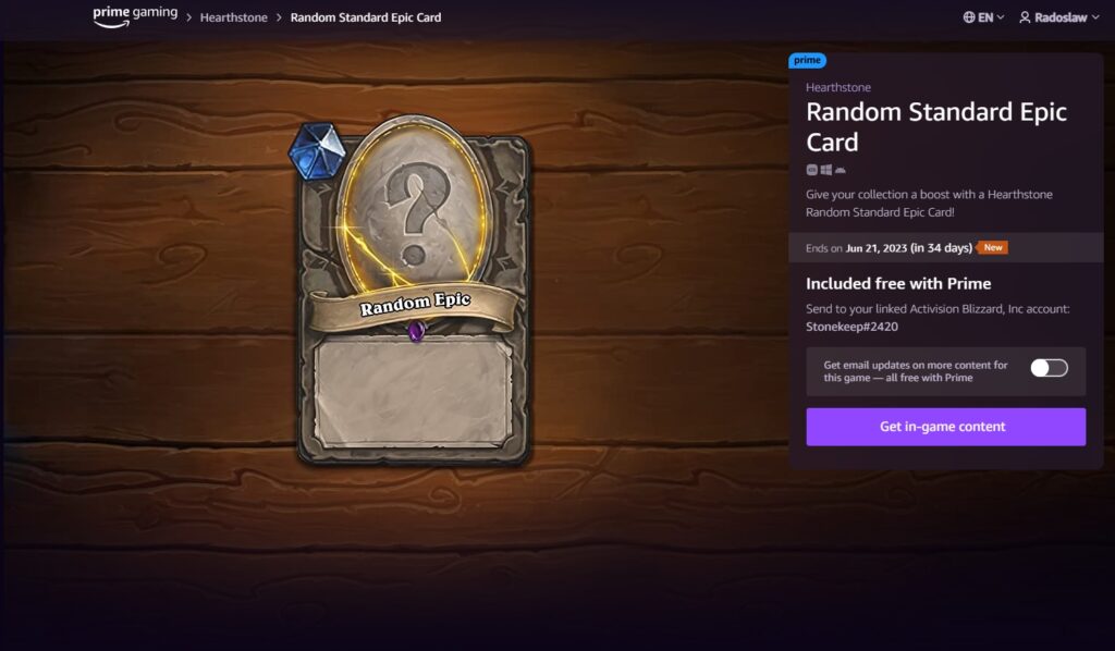 (Last Chance) New Amazon Prime Gaming Hearthstone Drop - Random ...